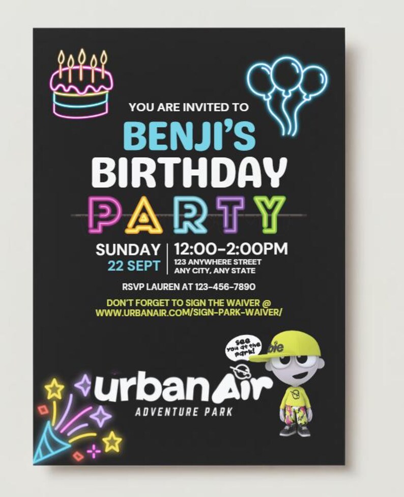 Neon Birthday Party Invitation, Urban Air Party, Jump Party, Air Party ...