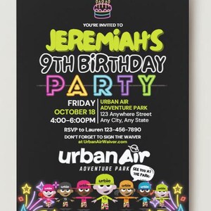 Urban Air, Neon, Jump Party, Air Party, Kid Party, Birthday Invitation ...