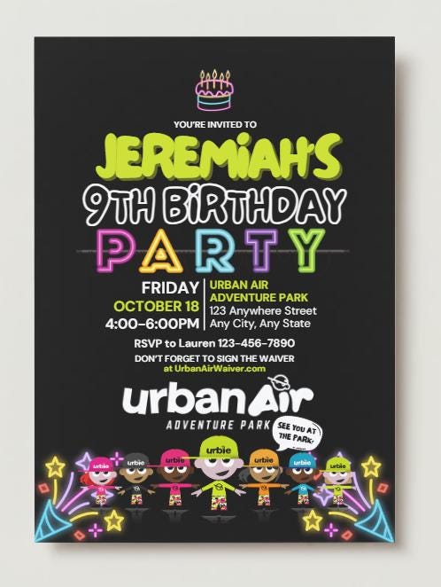 Urban Air, Neon, Jump Party, Air Party, Kid Party, Birthday Invitation ...