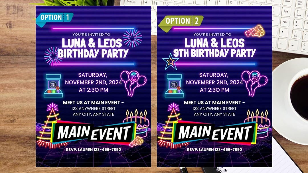 Neon Party Invitation, Main Event Party, Bowling Party, Arcade Party ...