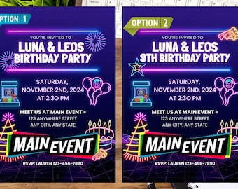 Main Event Birthday Party Invitation, Neon Party, Bowling Party, Arcade ...