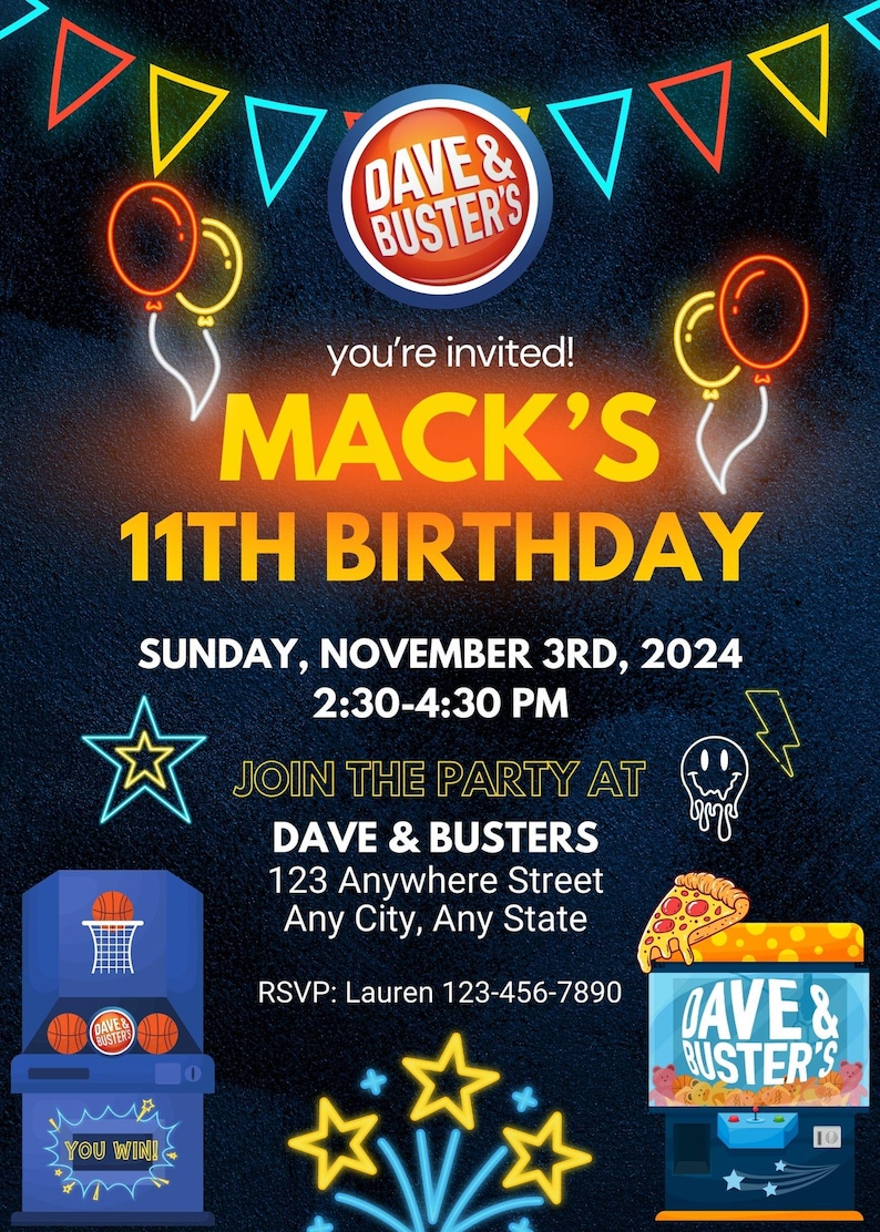Dave and Busters Party, Neon Birthday Invitation Fun Party, Arcade ...