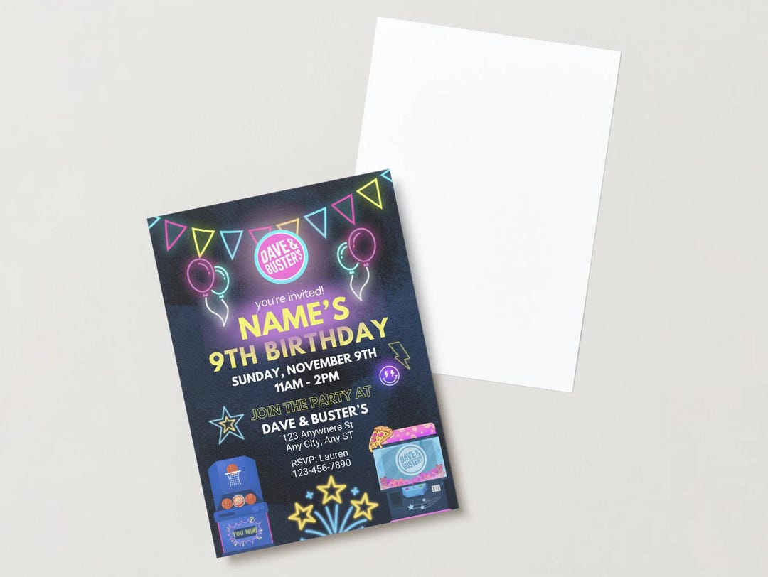 EDITABLE Template Glow Dave and Busters Party, Neon Birthday Invitation ...