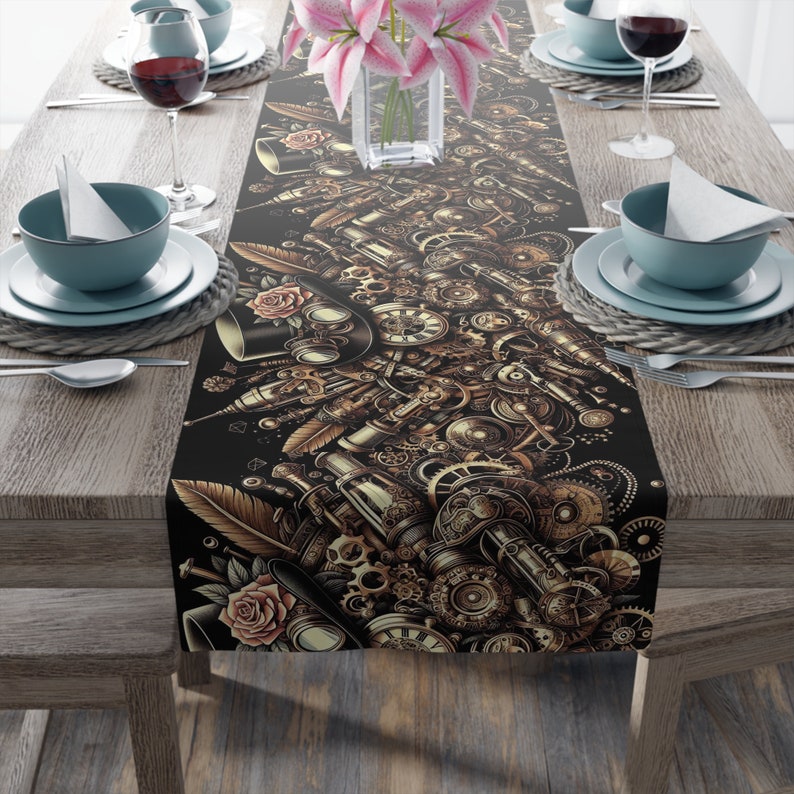 Steampunk Chic Golden Table Runner Whimsy Gear Fabric Roses Dinner ...