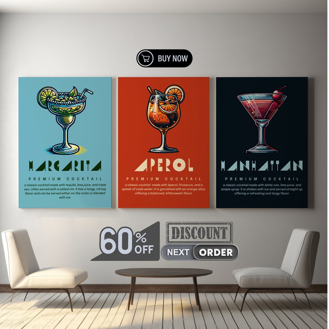 Retro Classic Cocktail Poster Set of 3 Bar Decor Gift for Bartender ...