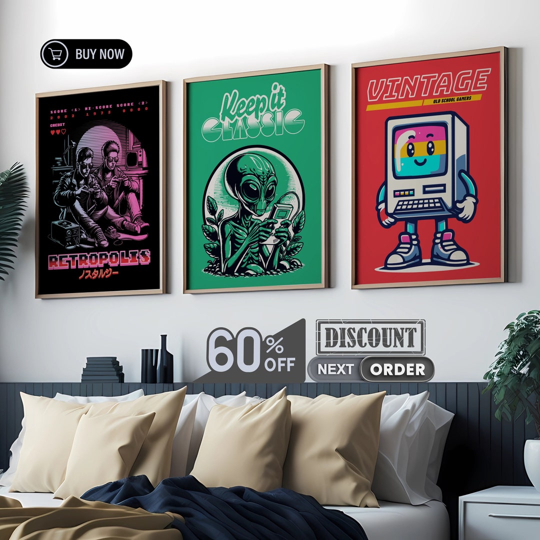 Retro Gamer Printable Poster Set of 3 Vintage Gamer Wall Art Funky ...