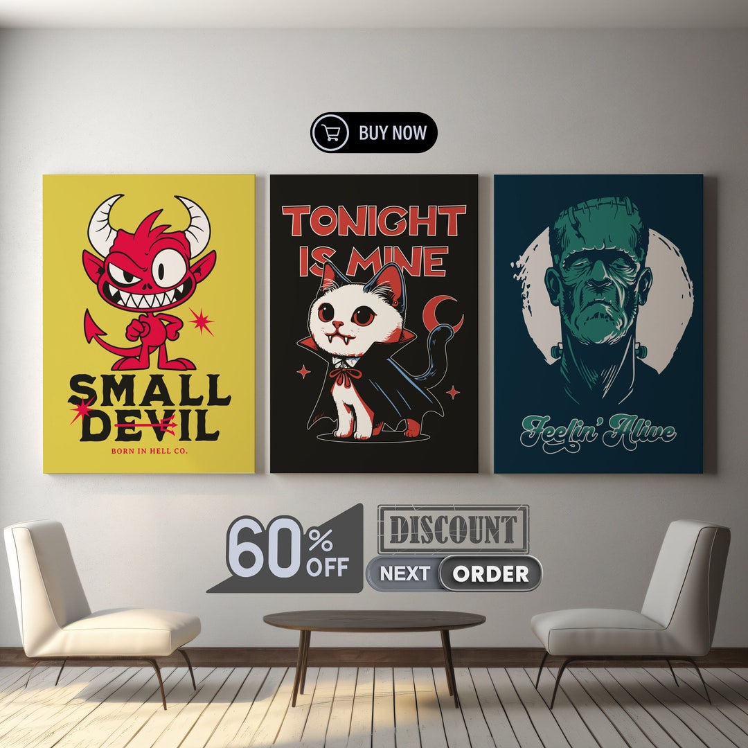 Funny Terror Poster Set of 3 Cartoon Horror Home Decor Funny Monster ...