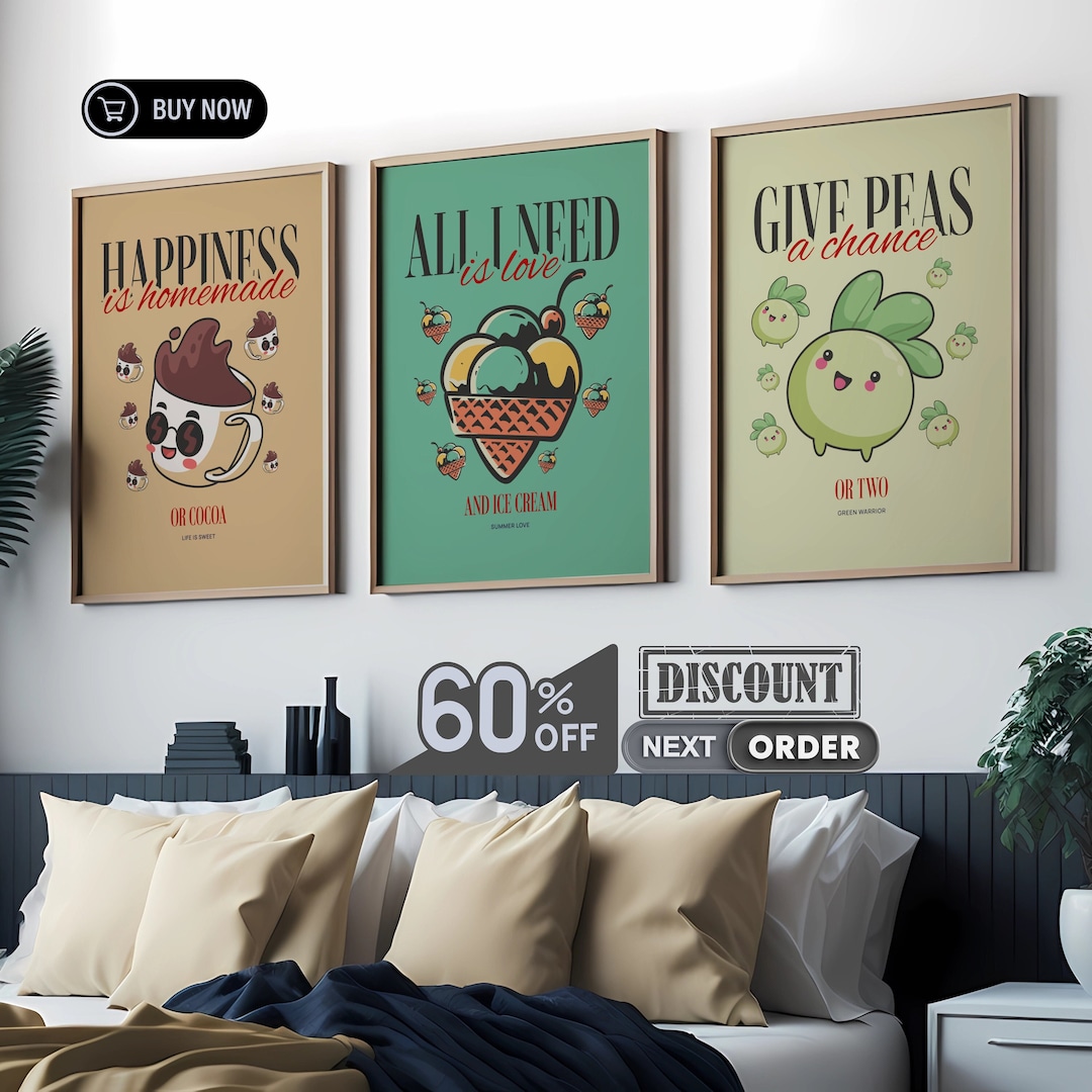 Vintage Kitchen Decor Poster Set of 3 Cartoon Kitchen Wall Art Retro ...