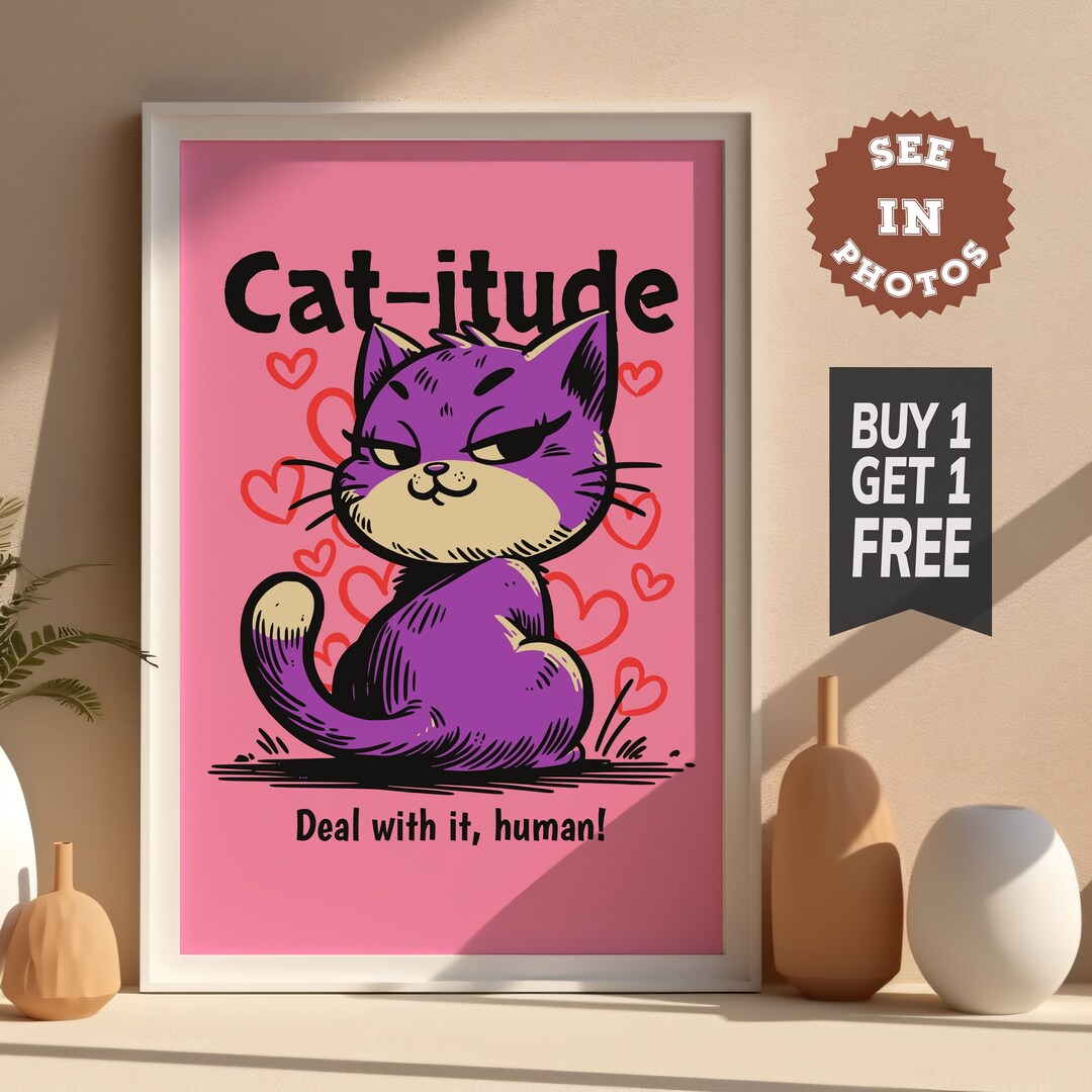Cartoon Cat Wall Art Funny Kitty Wall Decor Funny Retro Art Poster ...