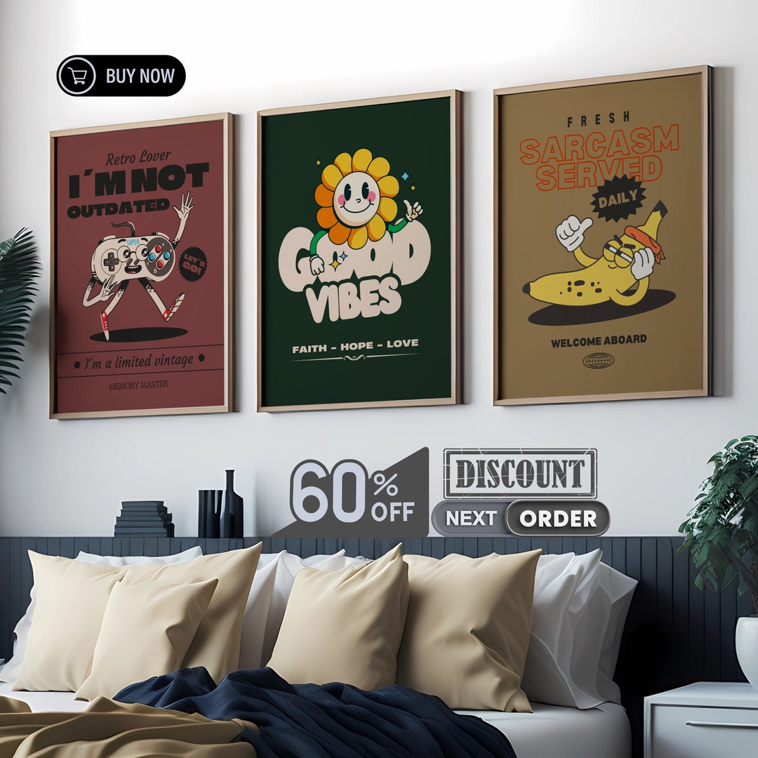 Set of 3 Cartoon Characters Wall Art Retro Character Print Retro Poster ...