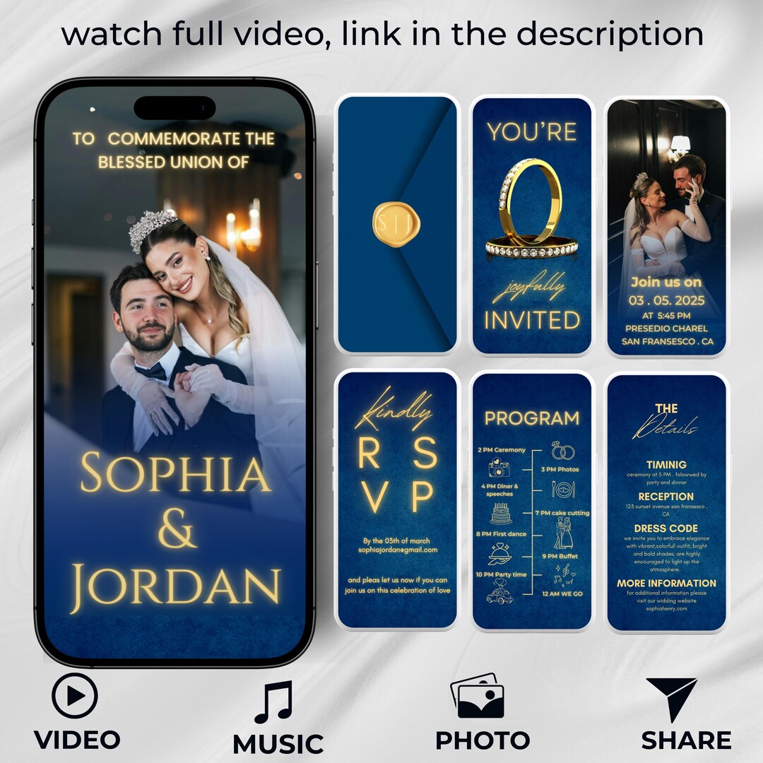 Navy Blue Animated Wedding Invitation Video: Elegant Digital Canva ...