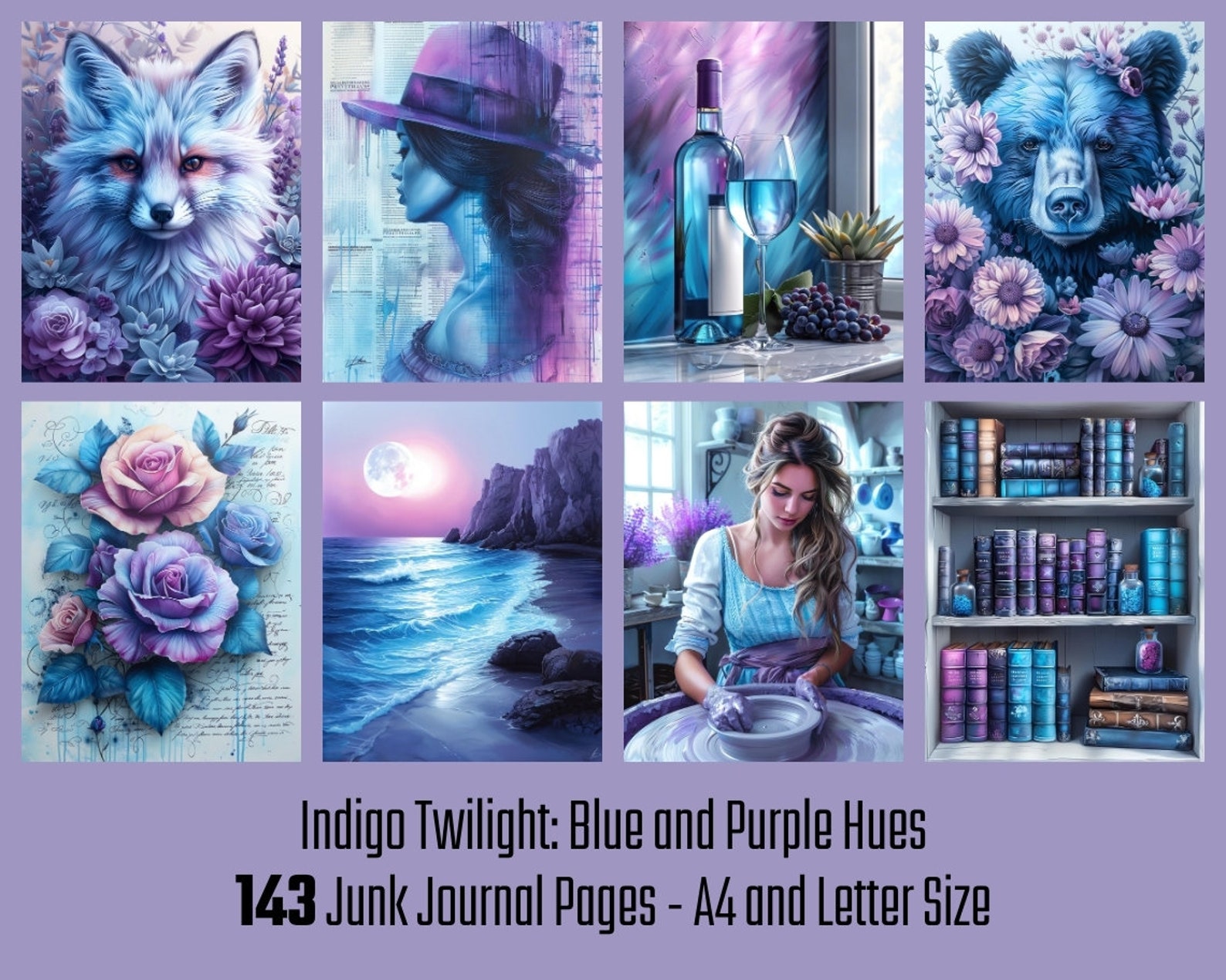Indigo Twilight: Blue and Purple Hues 143 Junk Journal Pages, Printable Scrapbook and Collage ...
