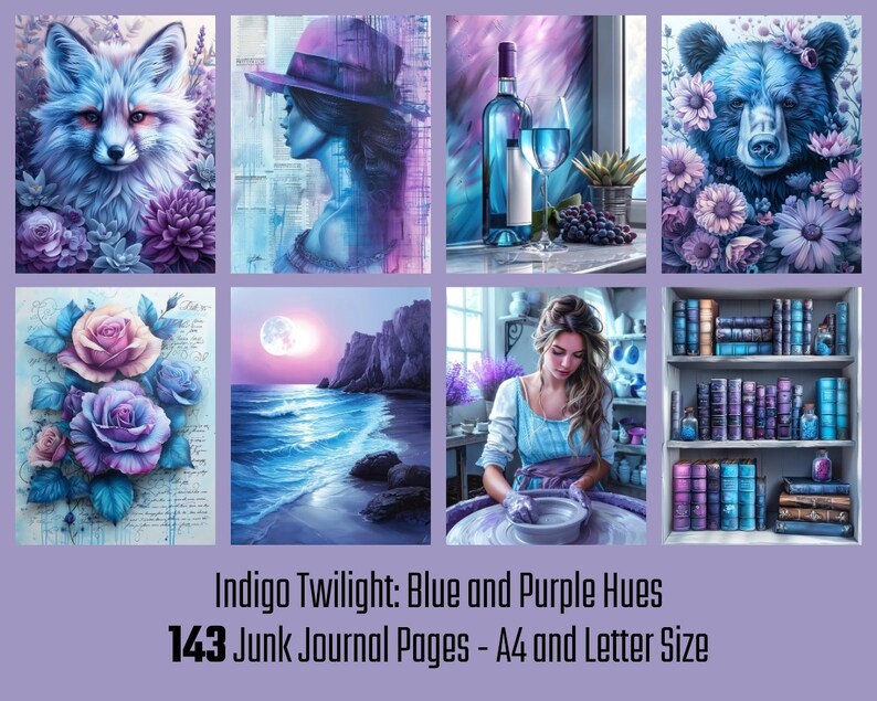 Indigo Twilight: Blue and Purple Hues 143 Junk Journal Pages, Printable Scrapbook and Collage ...
