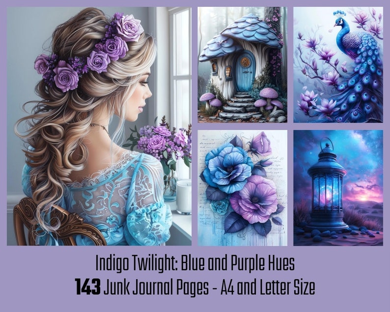 Indigo Twilight: Blue and Purple Hues 143 Junk Journal Pages, Printable Scrapbook and Collage ...