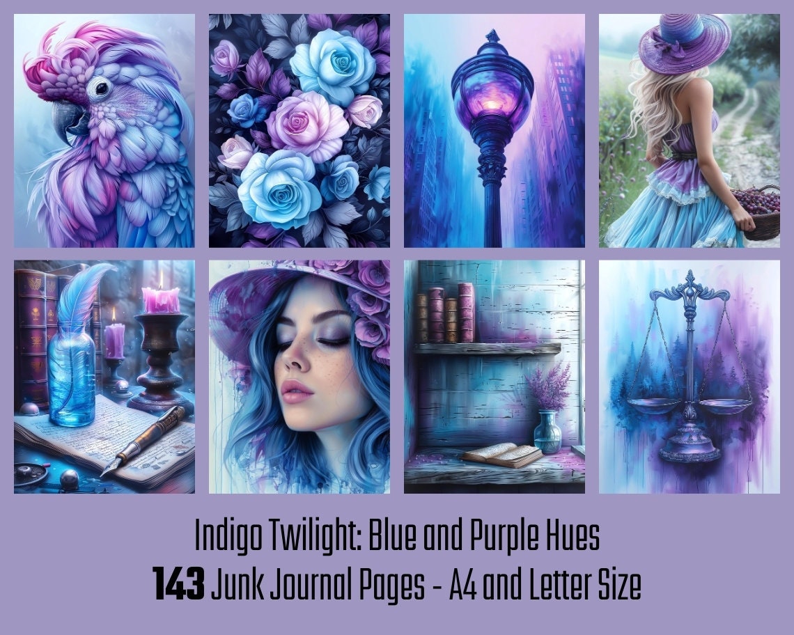 Indigo Twilight: Blue and Purple Hues 143 Junk Journal Pages, Printable Scrapbook and Collage ...
