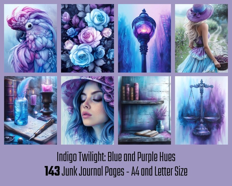 Indigo Twilight: Blue and Purple Hues 143 Junk Journal Pages, Printable Scrapbook and Collage ...