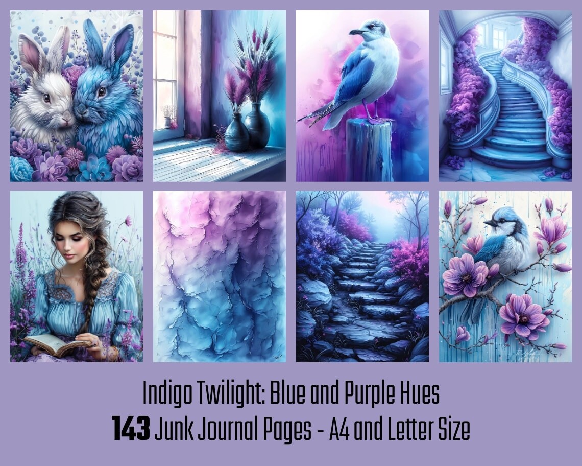 Indigo Twilight: Blue and Purple Hues 143 Junk Journal Pages, Printable Scrapbook and Collage ...
