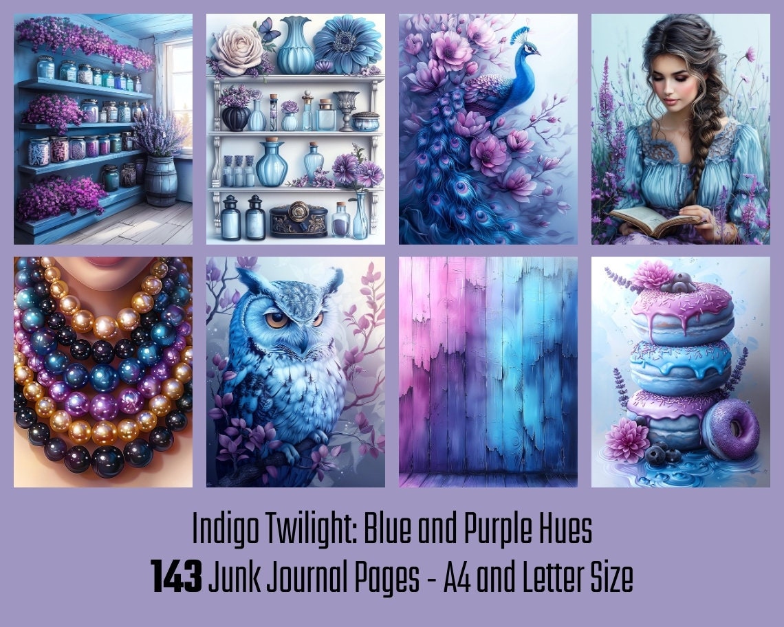 Indigo Twilight: Blue and Purple Hues 143 Junk Journal Pages, Printable Scrapbook and Collage ...