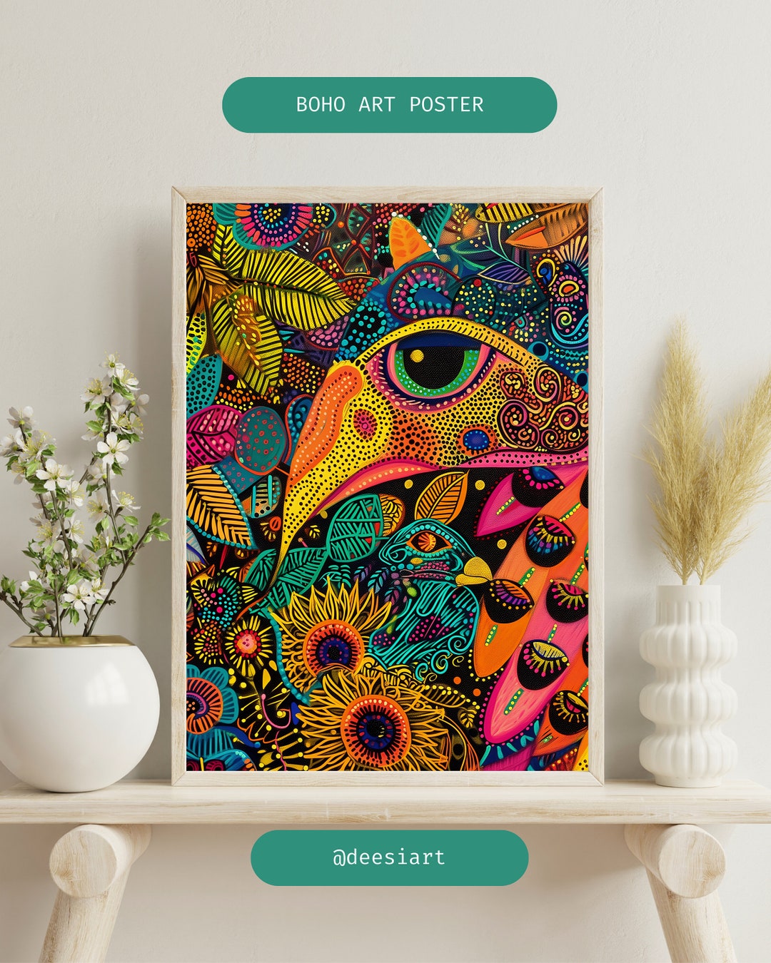 3:4 Indian Boho Bird Print, Madhubani Folk Art, Vibrant Colors ...