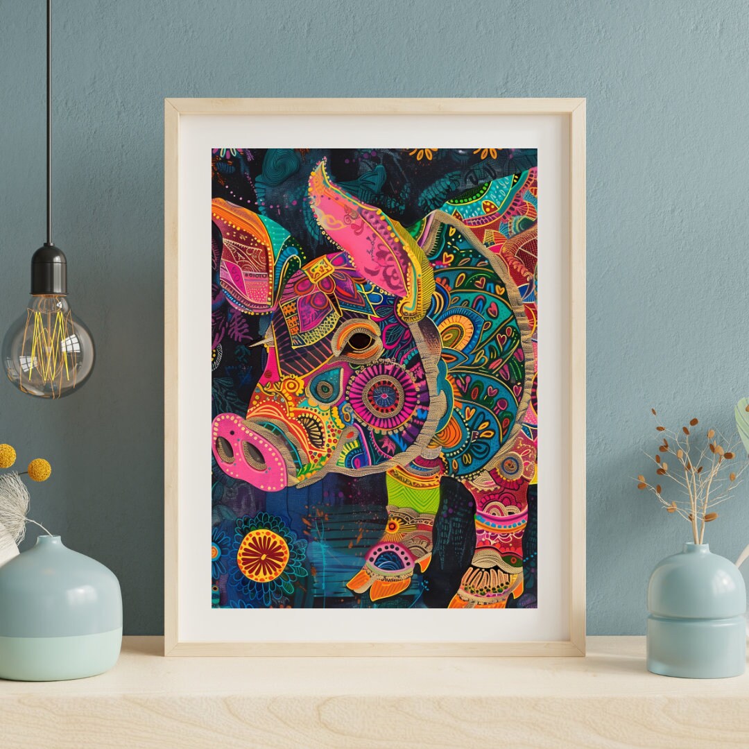 3:4 Indian Boho Pig Folk Print, Madhubani Art, Traditional Art, Indian ...