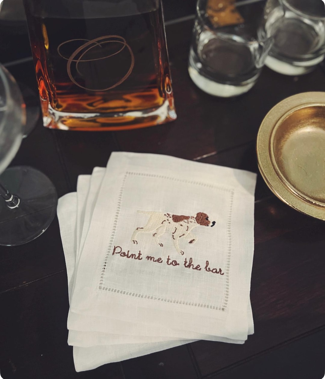GSP Point Me to the Bar Embroidered Hemstitch Cocktail Napkins, Linen ...