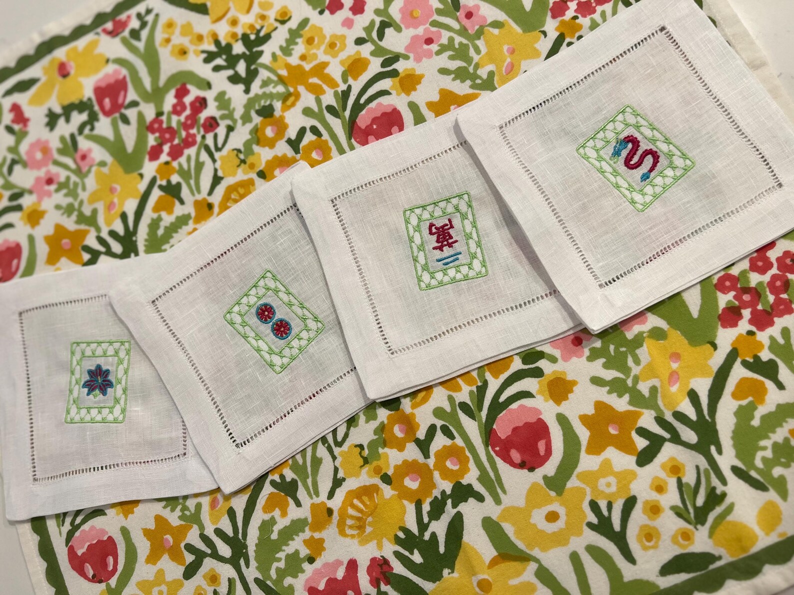 Mahjong Tile Embroidered Hemstitch Cocktail Napkins, Linen Cocktail ...