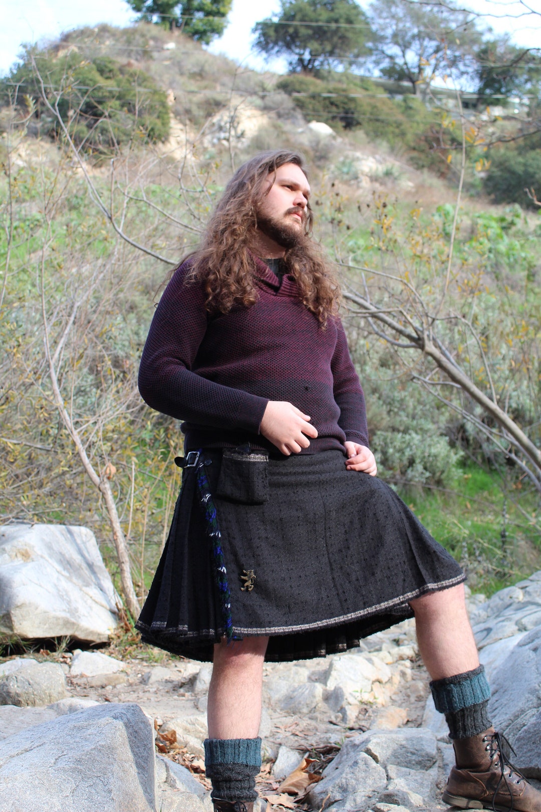 Machine Stitched Black Tweed 8 Yard Kilt - Etsy