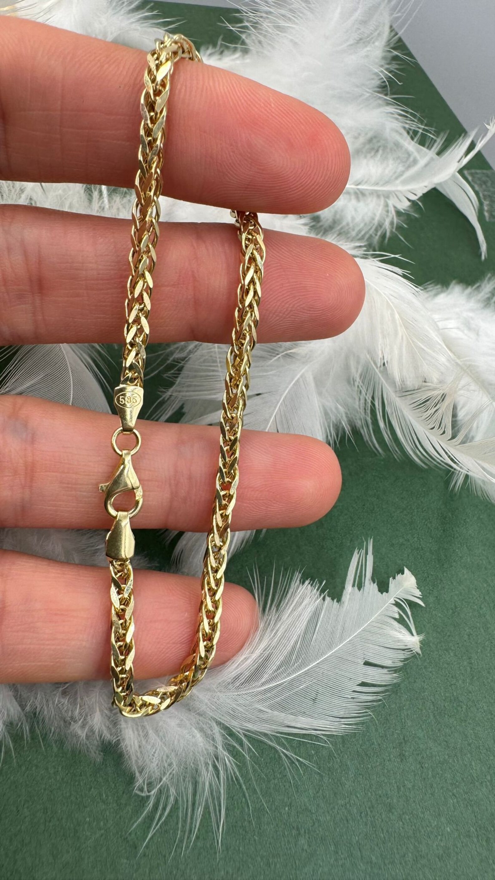 14K Solid Gold Diamond Cut Wheat Chain Bracelet - 2.35mm - Etsy