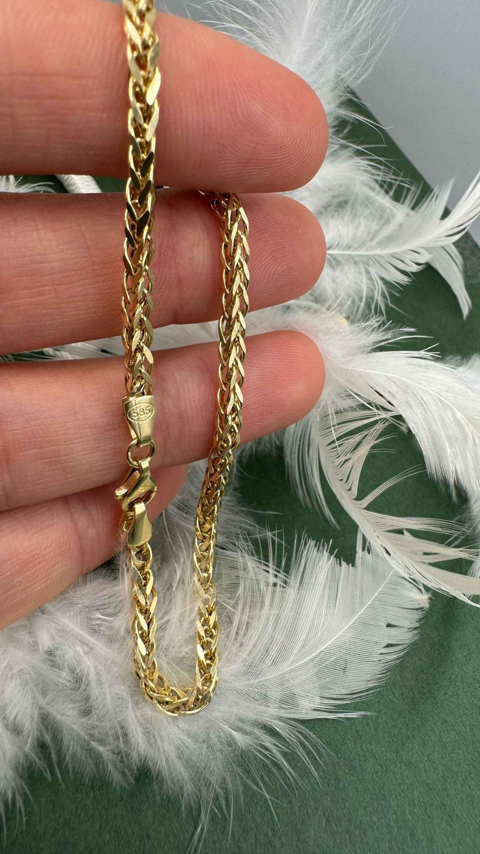 14K Solid Gold Diamond Cut Wheat Chain Bracelet - 2.35mm - Etsy