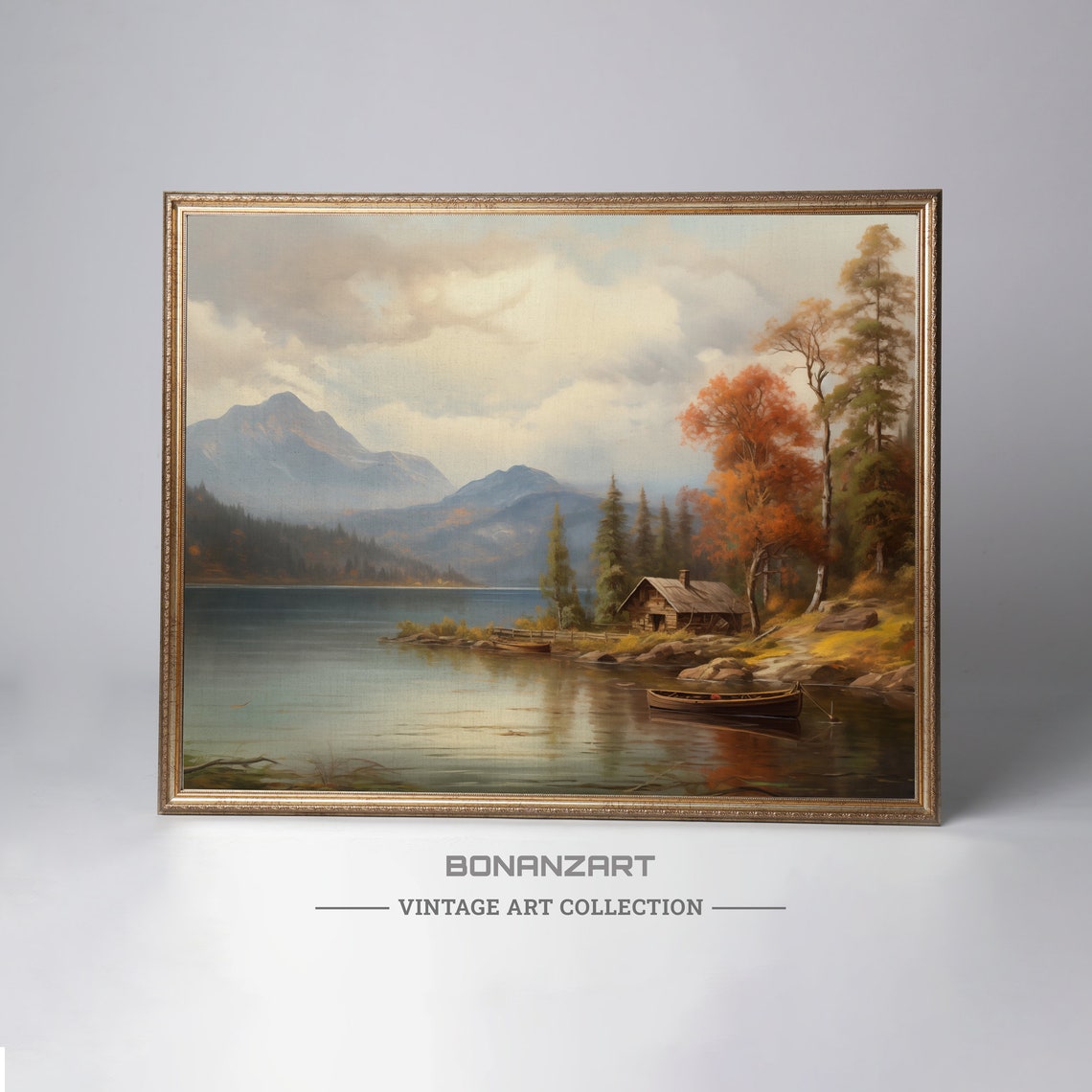 Vintage Classical Antique Oil Painting of a Lake With a Cabin Autumn ...