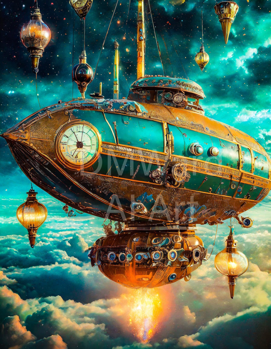 Professional AI - Steampunk Airship Zeppelin Blimp With Gold Clocks in ...