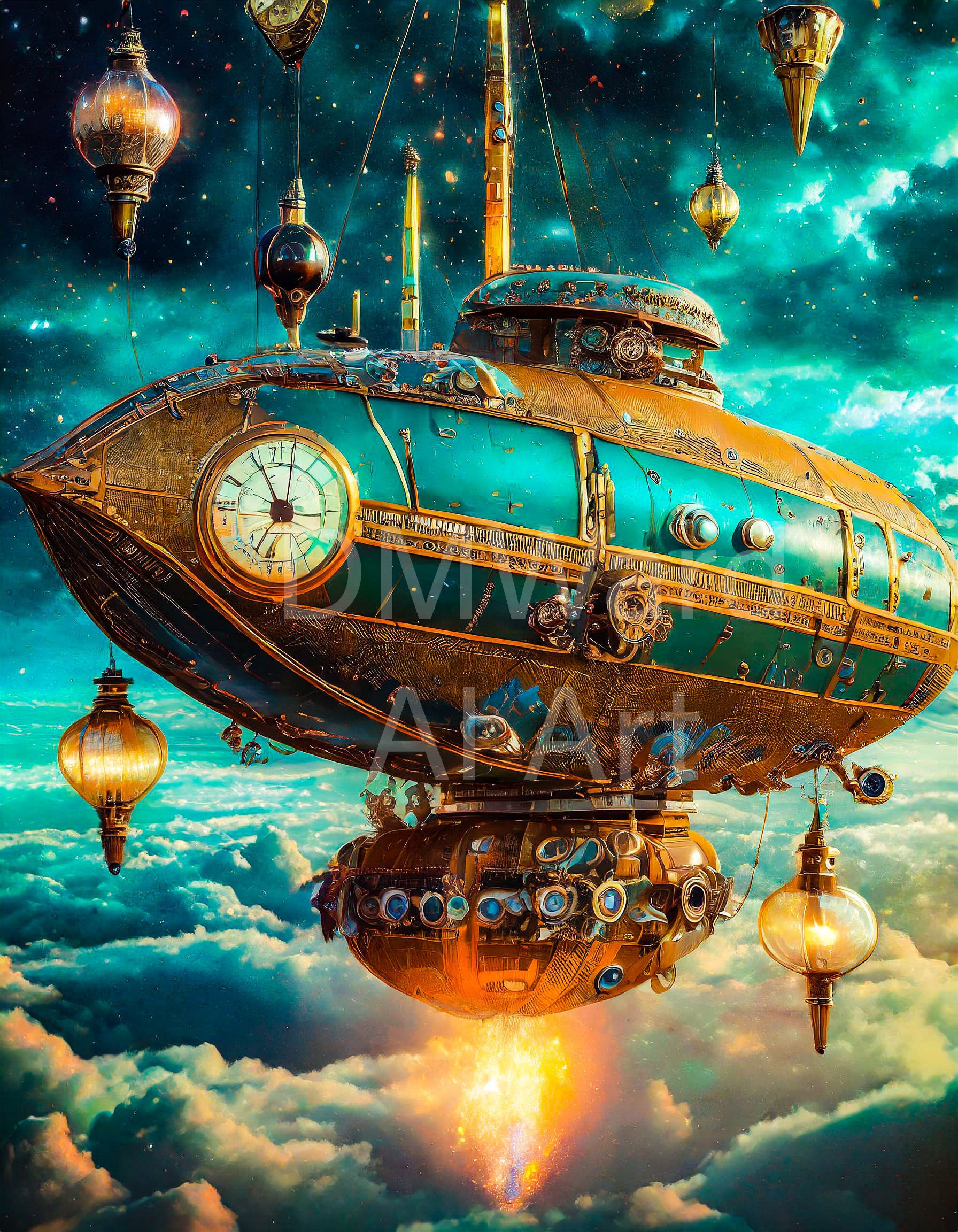 Professional AI - Steampunk Airship Zeppelin Blimp With Gold Clocks in ...