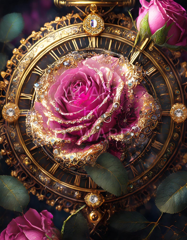 Professional AI- Pink Roses Encrusted With Gold and Diamonds. - Etsy