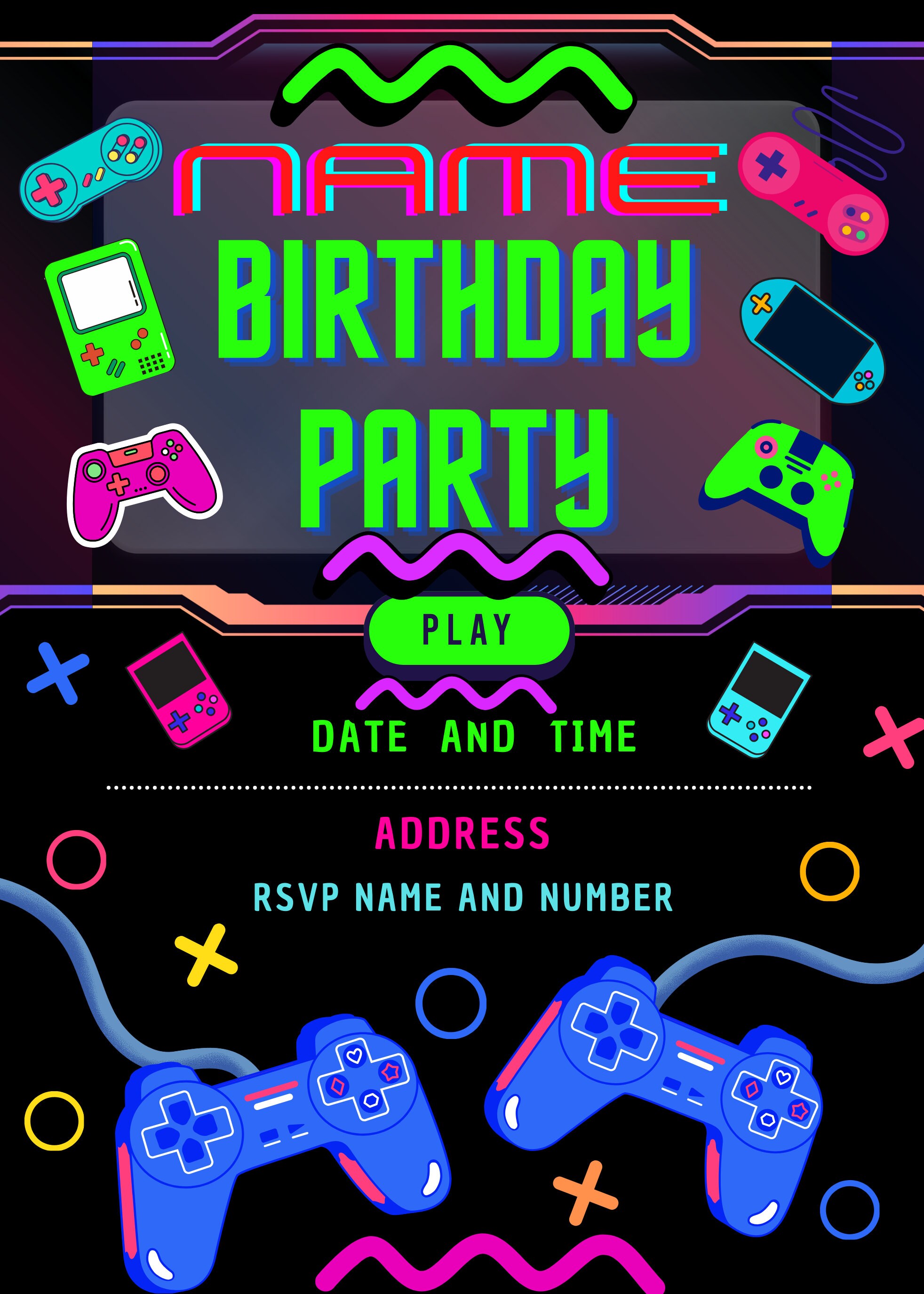 Neon Gamer Digital Birthday Invitation - Etsy
