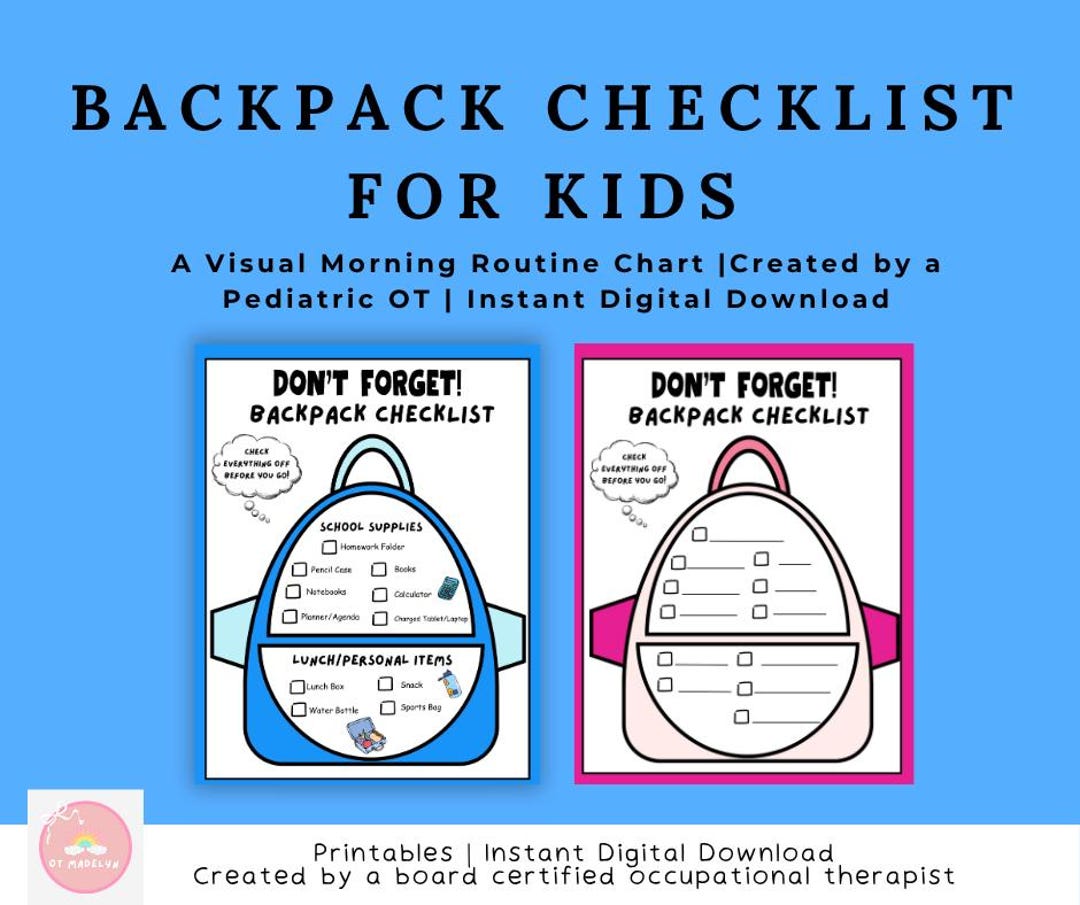 Visual Backpack Checklist: Kids' School Packing List - OT Designed (PDF ...