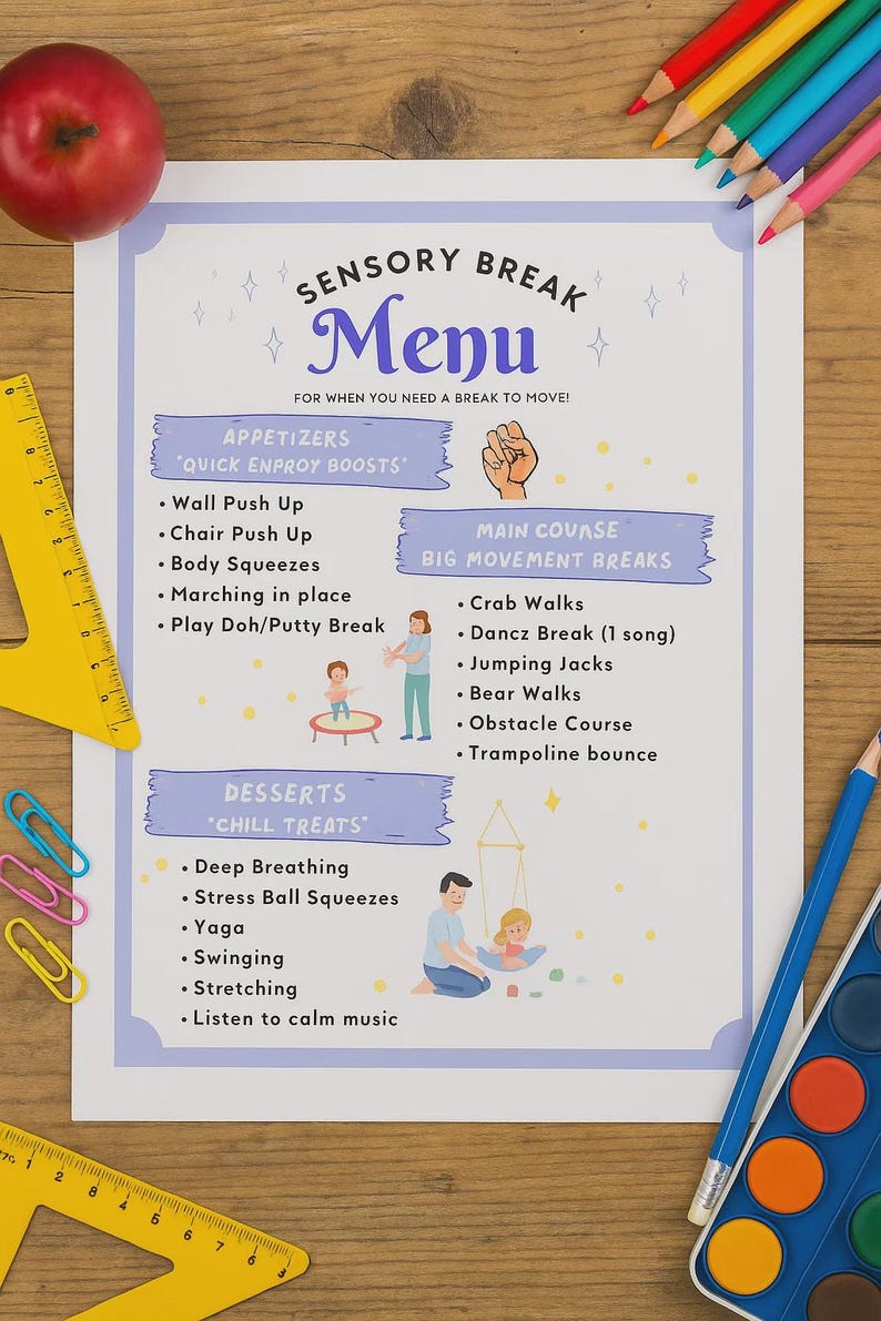 Sensory Break Menu for Kids | Printable Calm Down Activities Chart ...