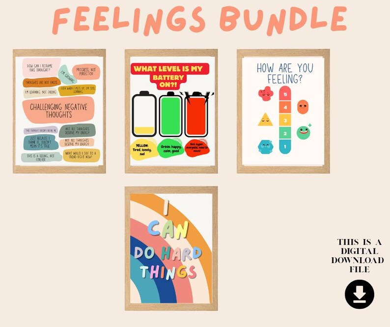 Feelings Chart Bundle for Kids – Printable Emotion Posters, Coping ...
