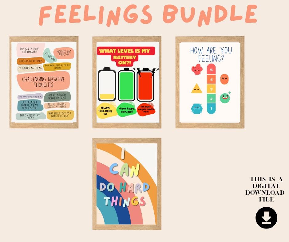 Feelings Chart Bundle for Kids – Printable Emotion Posters, Coping ...