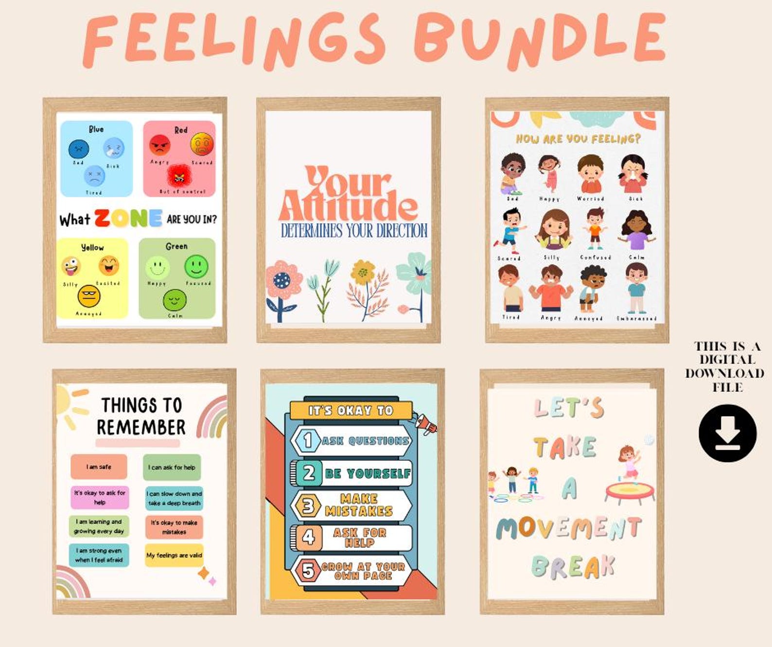 Feelings Chart Bundle for Kids – Printable Emotion Posters, Coping ...