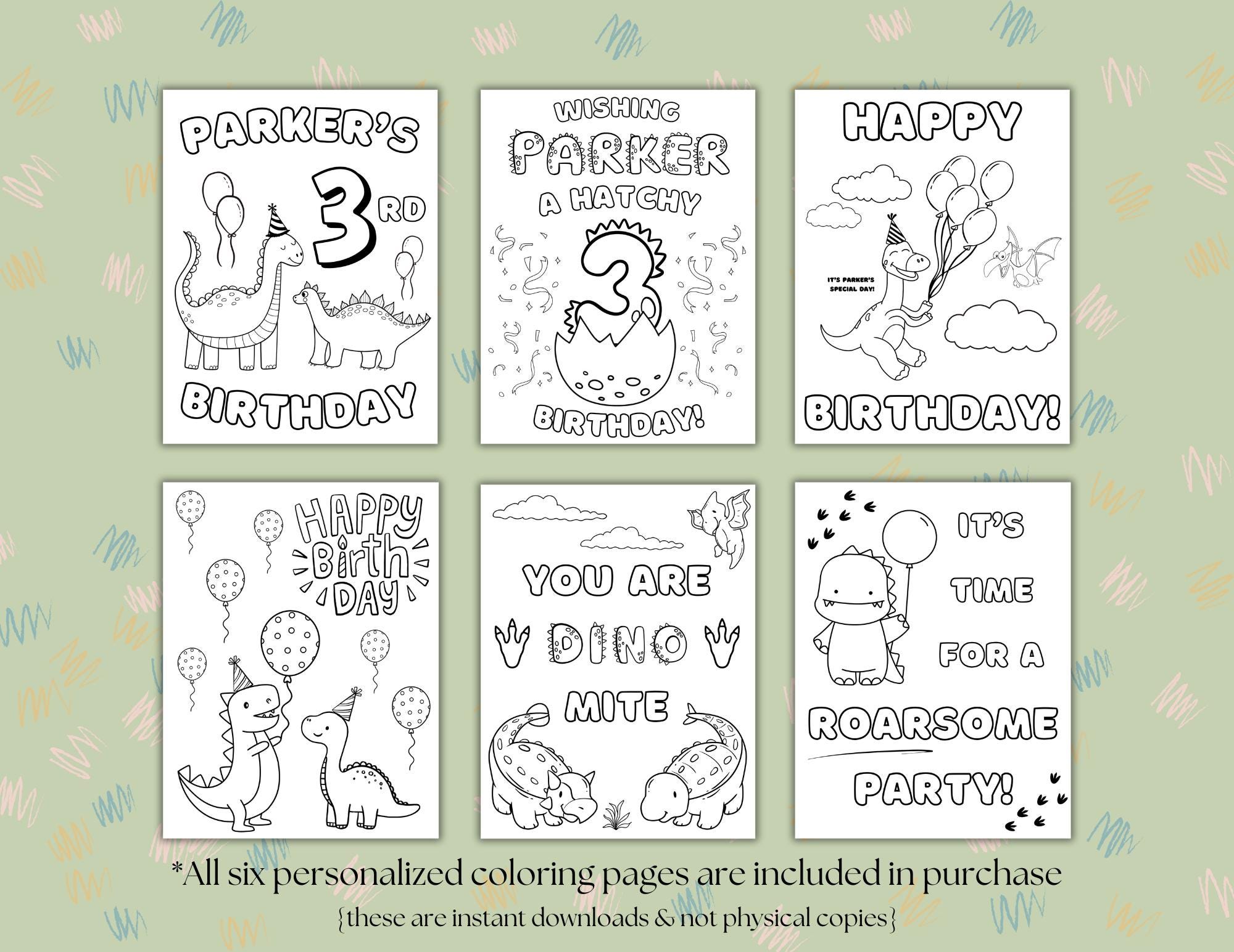 Personalized Dinosaur Birthday Coloring Pages | Party Downloads (PDF ...