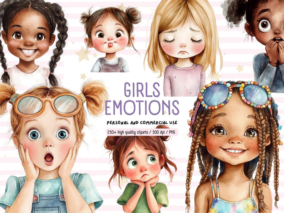 Girl Faces and Emotions Clipart Bundle, Kids Facial Expression ...