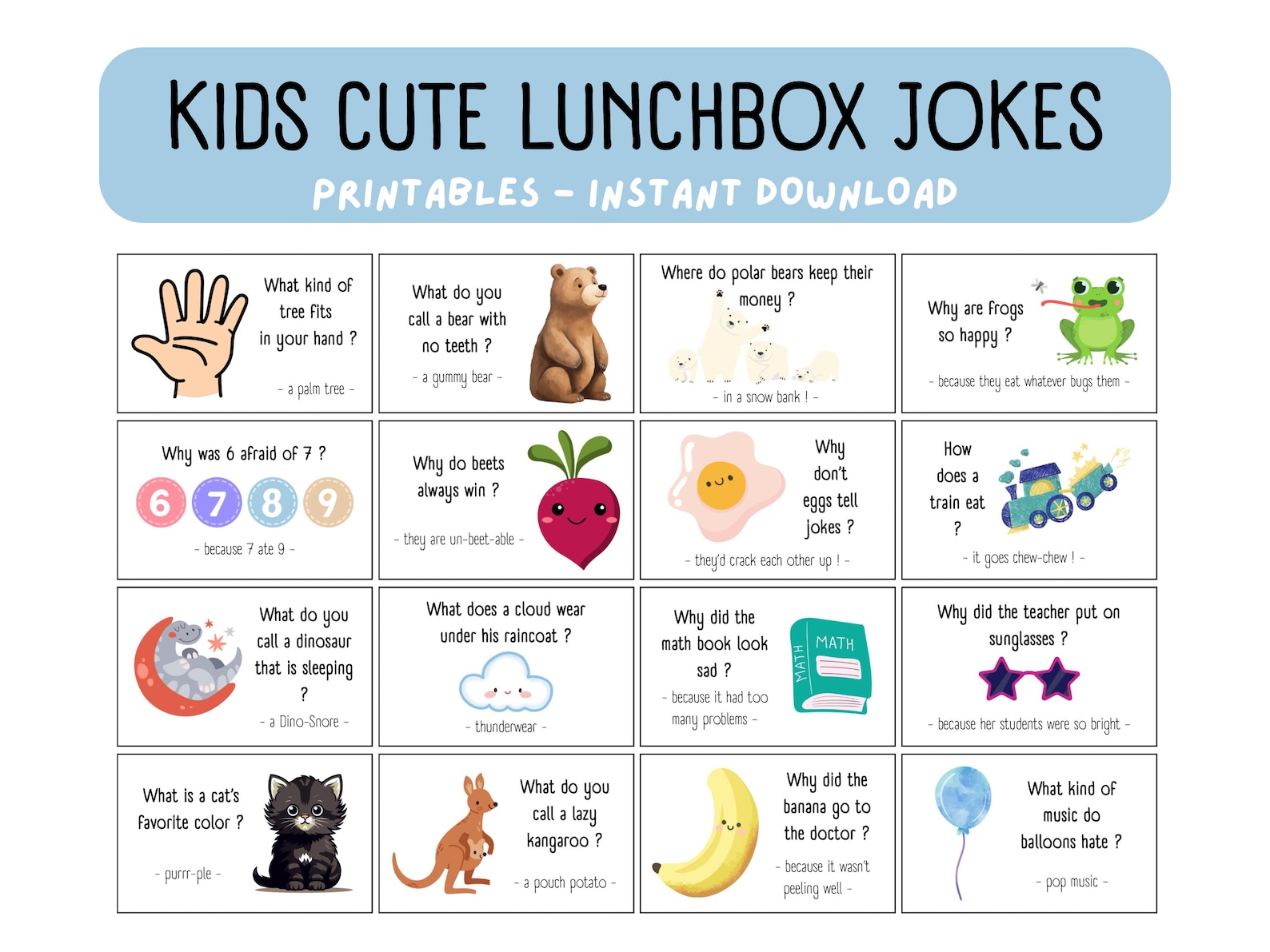 Printable Cute Lunchbox Jokes for Kids - HQ PDF Instant Download - Joke ...
