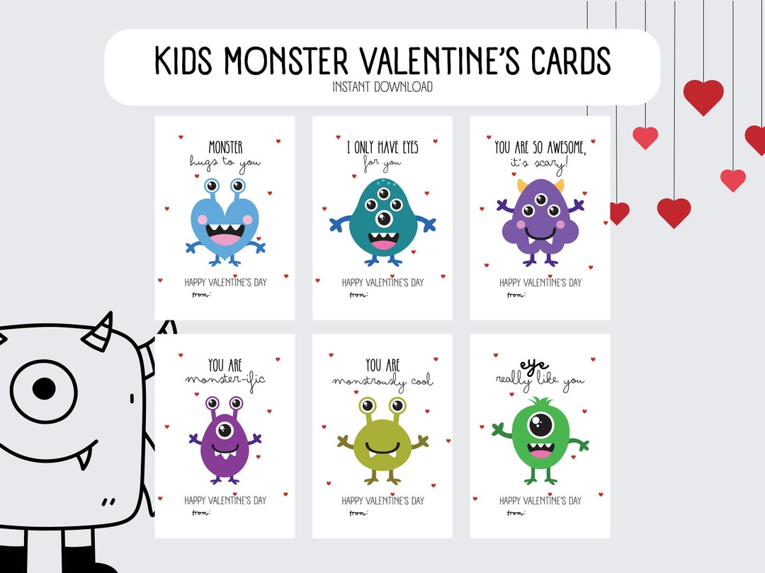 Printable Valentines Day Monster Cards for Kids HQ PDF Instant Download ...