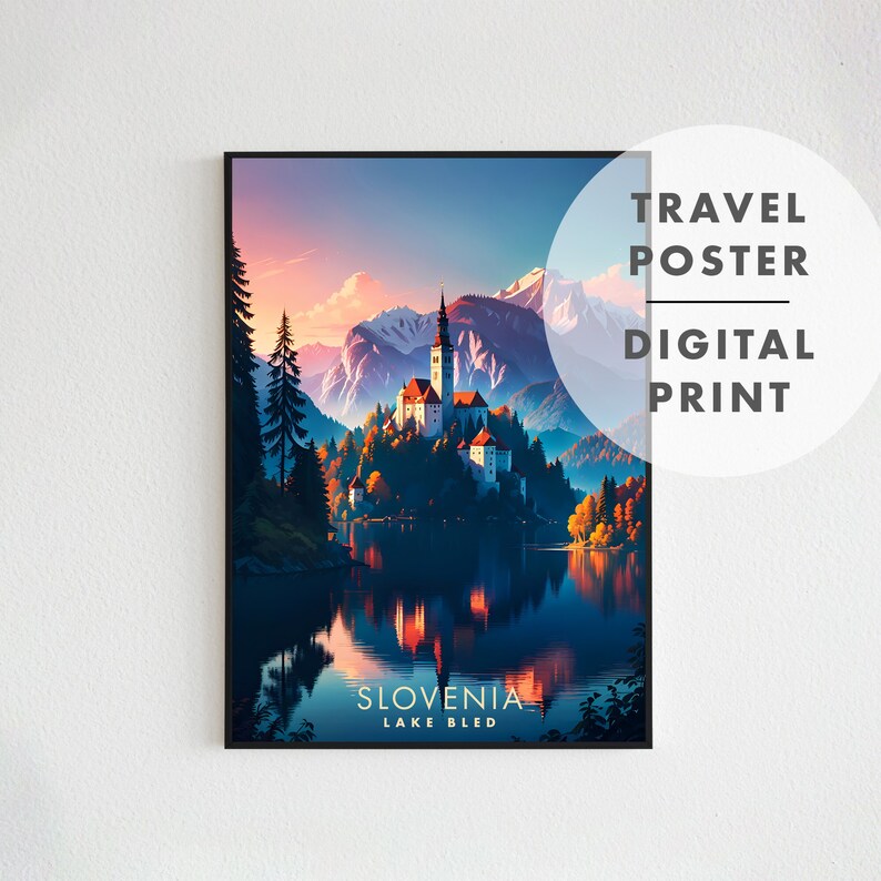 Slovenia Travel Poster Digital Printable Wall Art, Lake Bled Instant Download, Hanging Decor ...