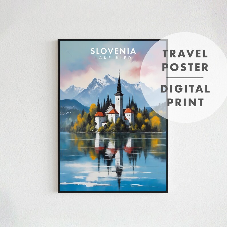 Slovenia Travel Poster Digital Printable Wall Art, Lake Bled Instant Download, Hanging Decor ...