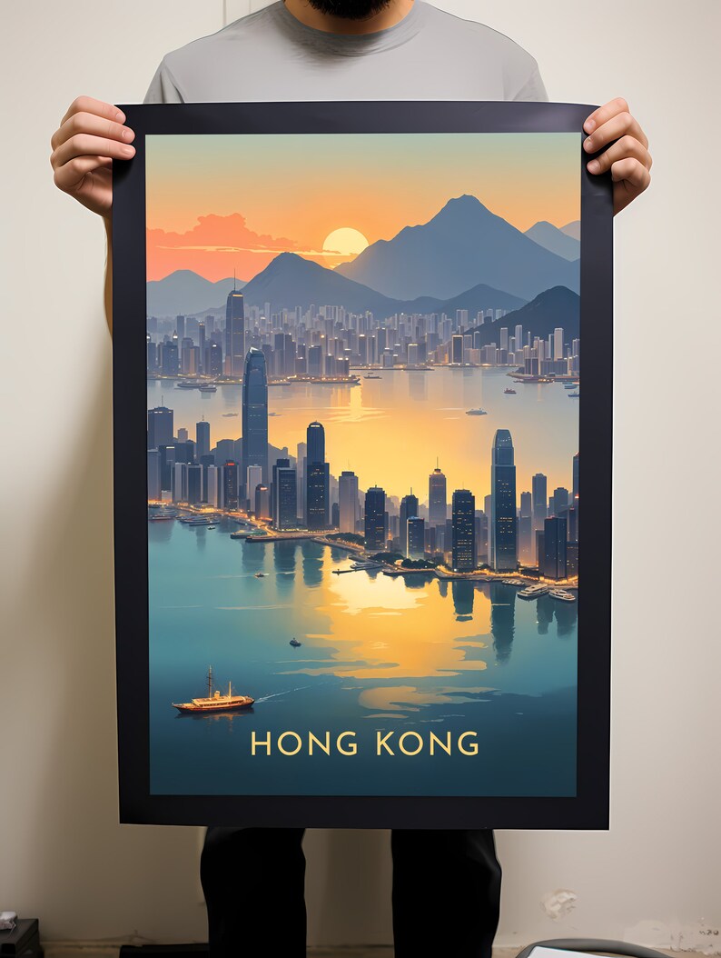 Hong Kong Travel Poster: Retro City Skyline Art (digital Download) - Etsy