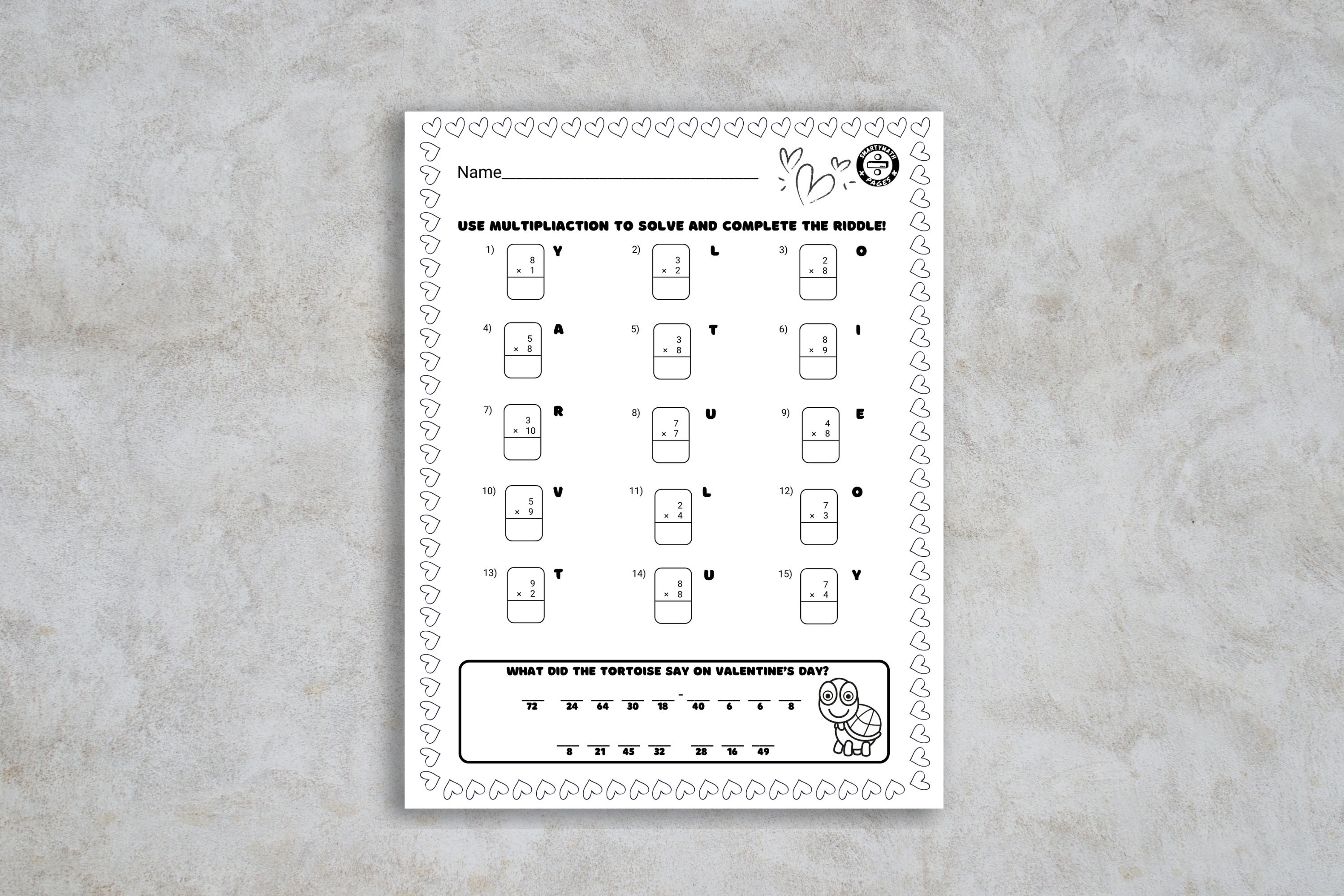 Printable Multiplication Math Worksheet With Valentines Day Riddle ...