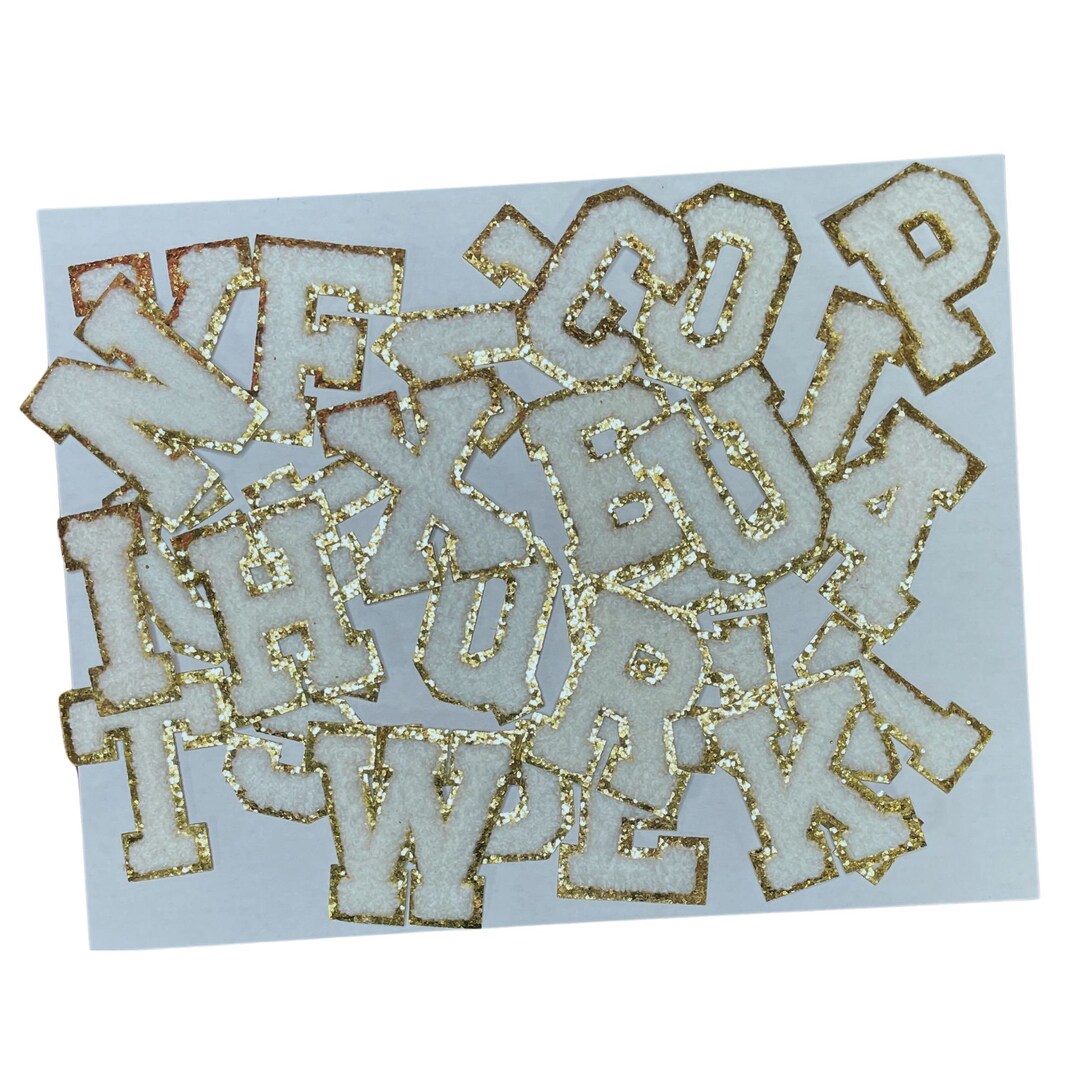 Fluffy White and Black Iron on Chenille Varsity Letters, Gold Glitter ...