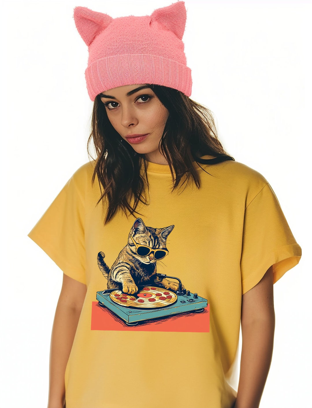 Kitty at the Turntable T-shirt Cat & Turntable Graphic Tee Music Lover Quirky Shirt Feline ...