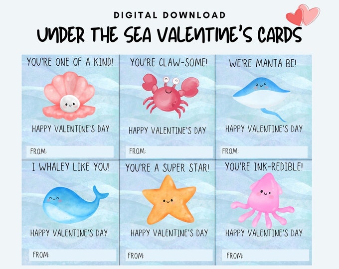 Under the Sea Valentine Cards Printable, Digital Download, Valentine's ...